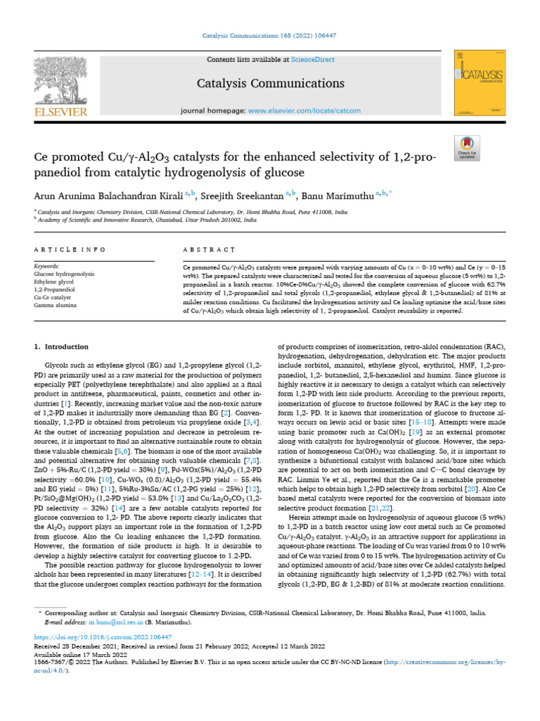 2022 - Ce+Cu@γ-Al2O3 cat for 1,2-PDO from Glu | PDF | Catalysis | Hydrogenation