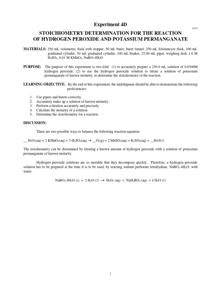 STOICHIOMETRY DETERMINATION of H2O2 | PDF | Titration | Chemistry