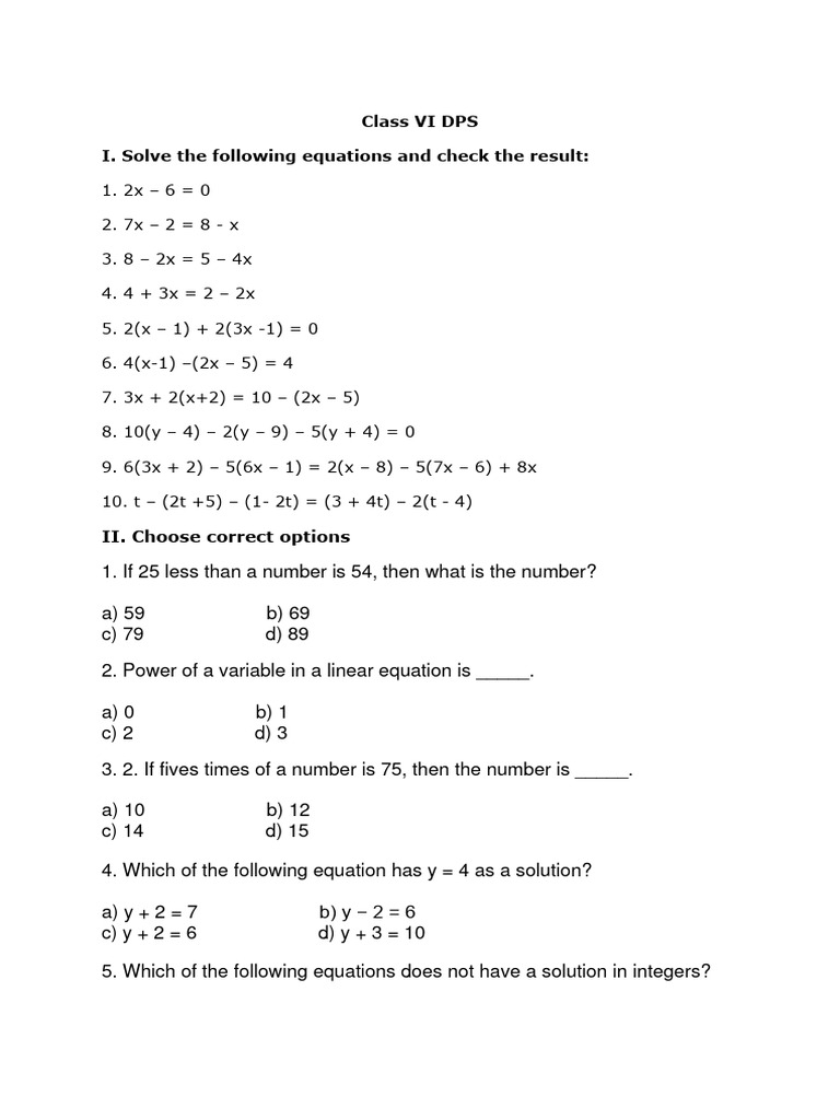 Class 6 Maths Equations and Worksheets | PDF