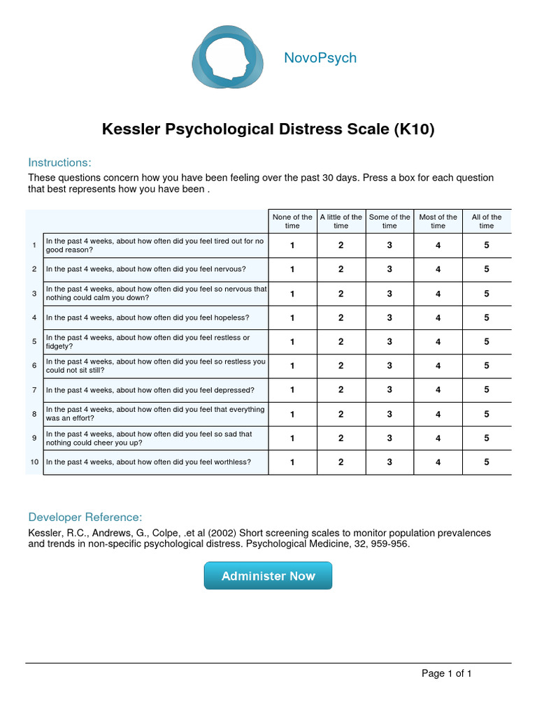 k10 Assessment Form | PDF | Psychology | Behavioural Sciences