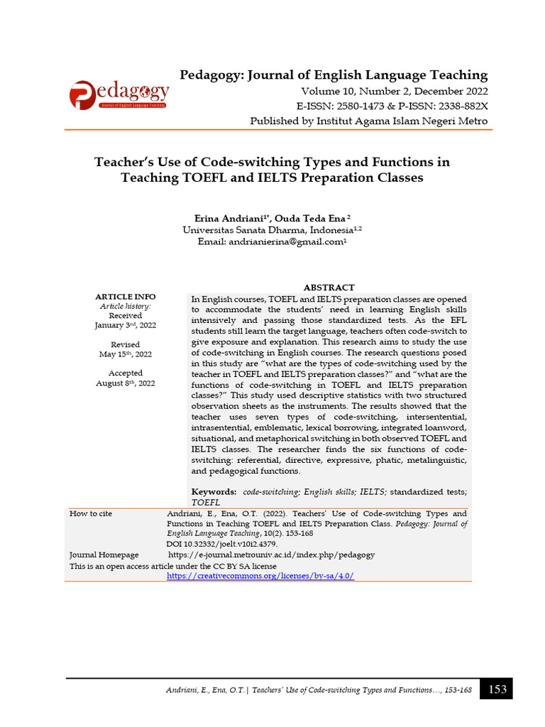 Teachers Use of Code-Switching Types and Function | PDF | Second ...