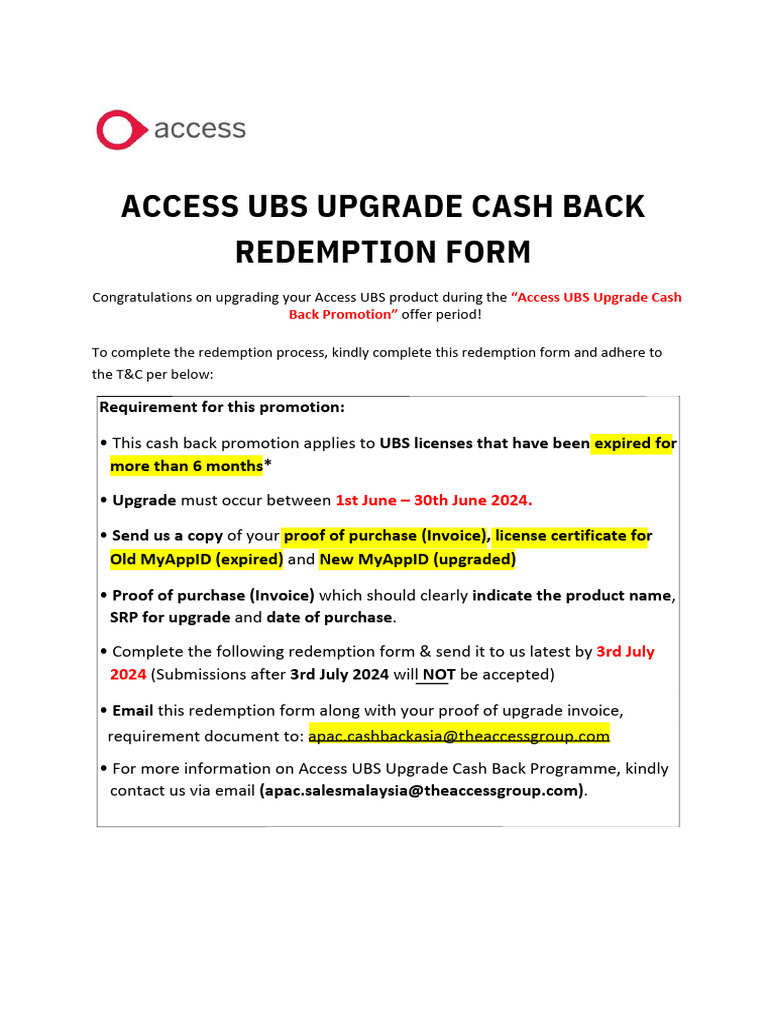 Access UBS Upgrade E Invoice Cash Back Redemption Form 0624 | PDF ...