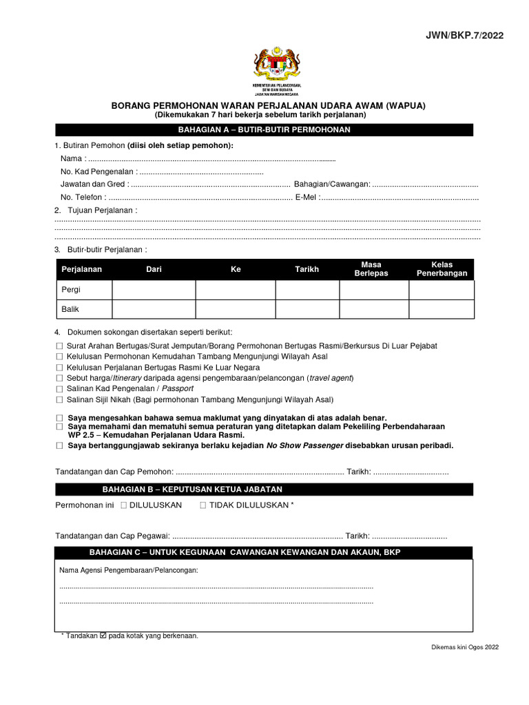 Borang Permohonan WAPUA - Kemaskini Ogos 2022 | PDF