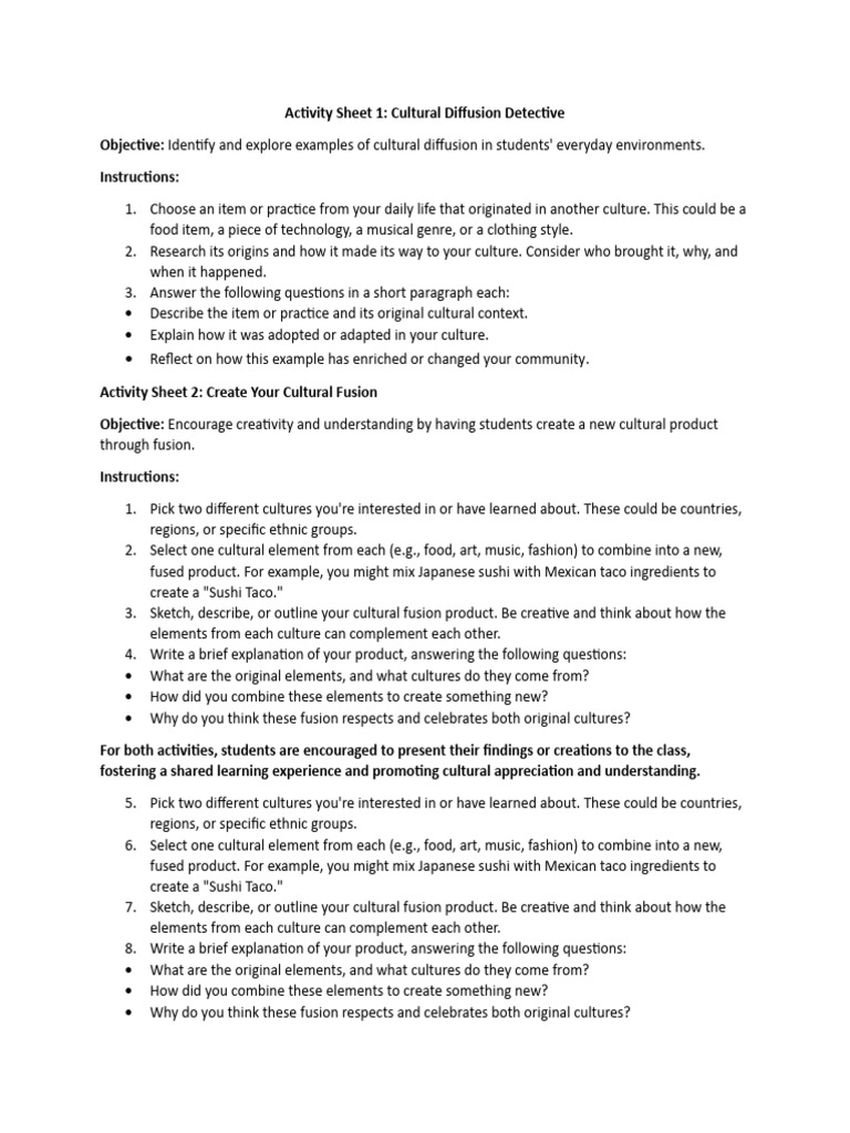 Activity Sheet Cultural Diffusion | PDF | Fashion | Cognitive Science