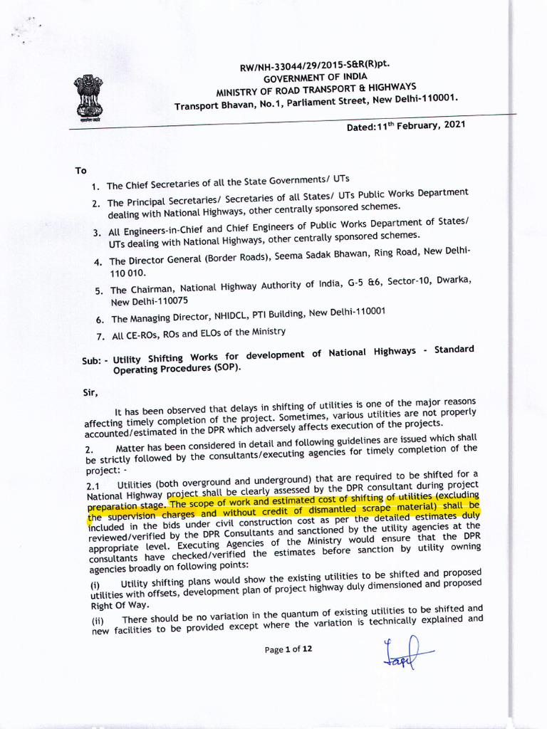Utility Shifting for development of National Highways SOP Reg | PDF Utility Shifting for development of National Highways SOP Reg | PDF