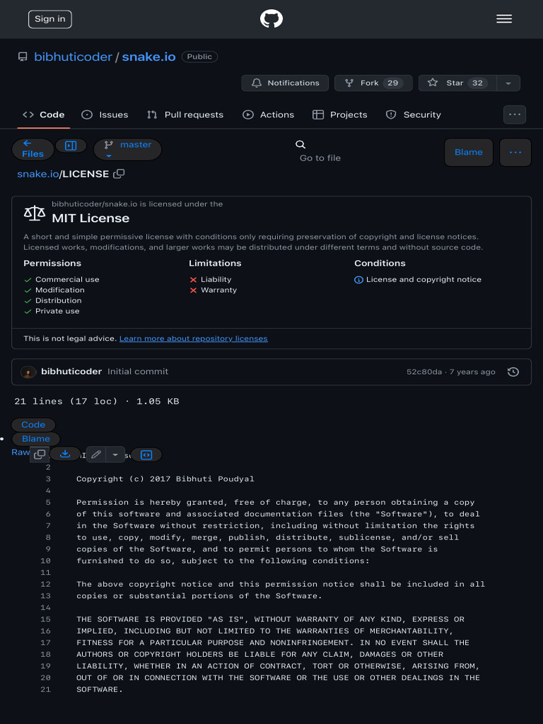 snake.ioLICENSE at master · bibhuticodersnake.io · GitHub | PDF | Copyright | Source Code