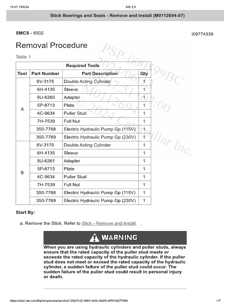 Stick Bearings and Seals - Remove and Install | PDF