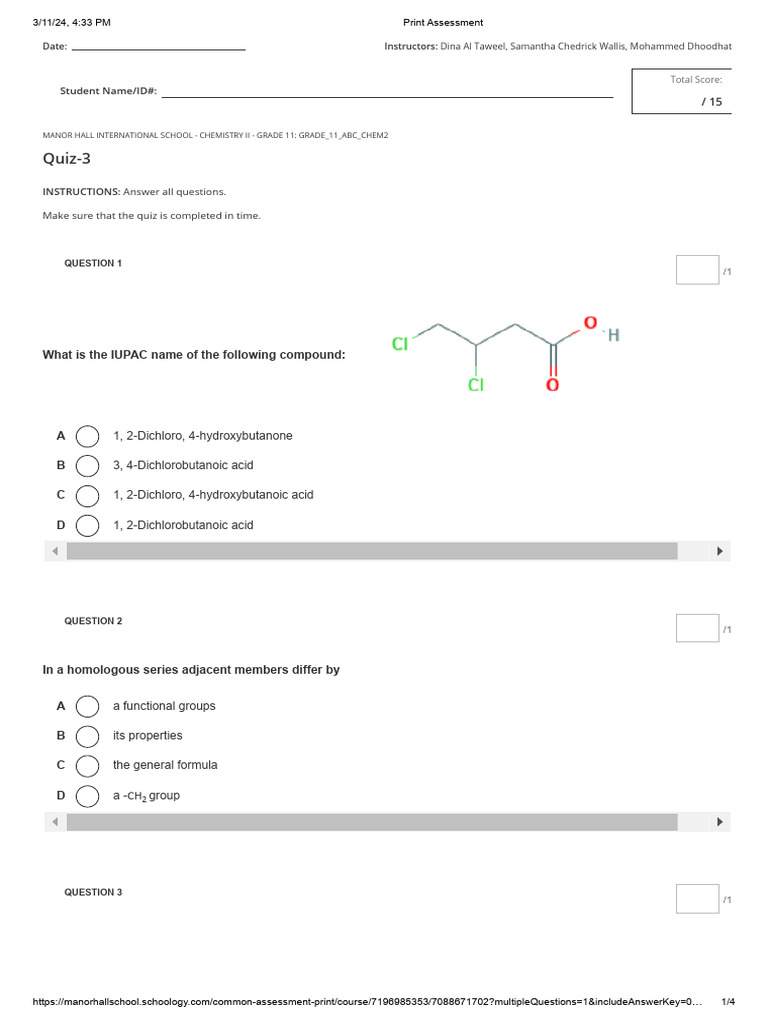 Kami Export - 2023-2024 - Term-II - CHEM2 - Quiz-3 | PDF | Functional Group | Chemistry