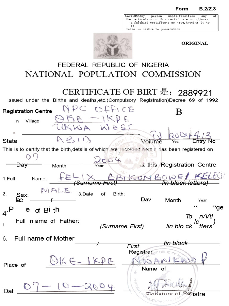 National Population Commission Certificate Of Birt 是：: .P lac e of B i ...