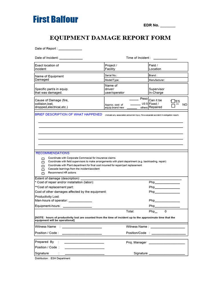 Equipment Damage Report Form | PDF | Business | Technology & Engineering