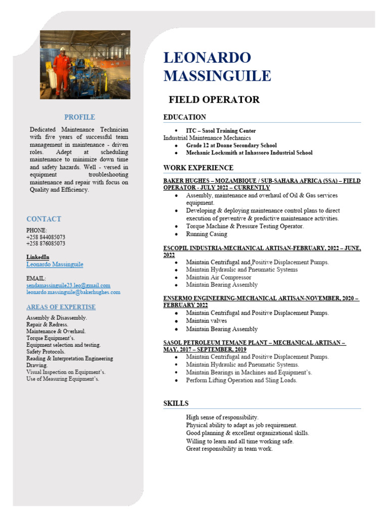 Leonardo CV - Field Operator. | PDF | Pump | Gas Technologies