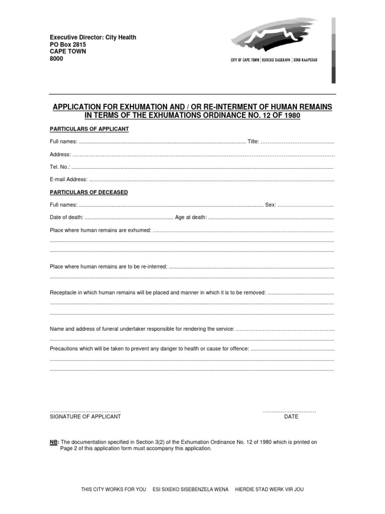Application Form - Exhumation and Reinterment of Human Remains - EHO 20 ...
