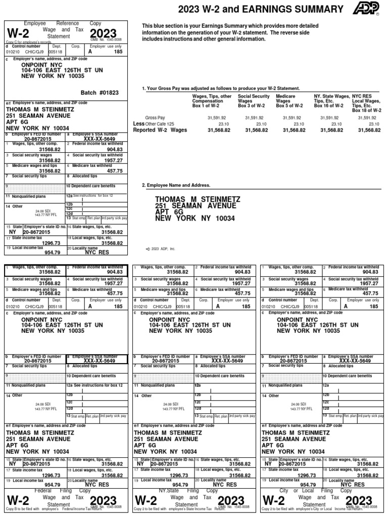 NY W-2 Earnings Summary 2023 | PDF | Irs Tax Forms | 401(K)