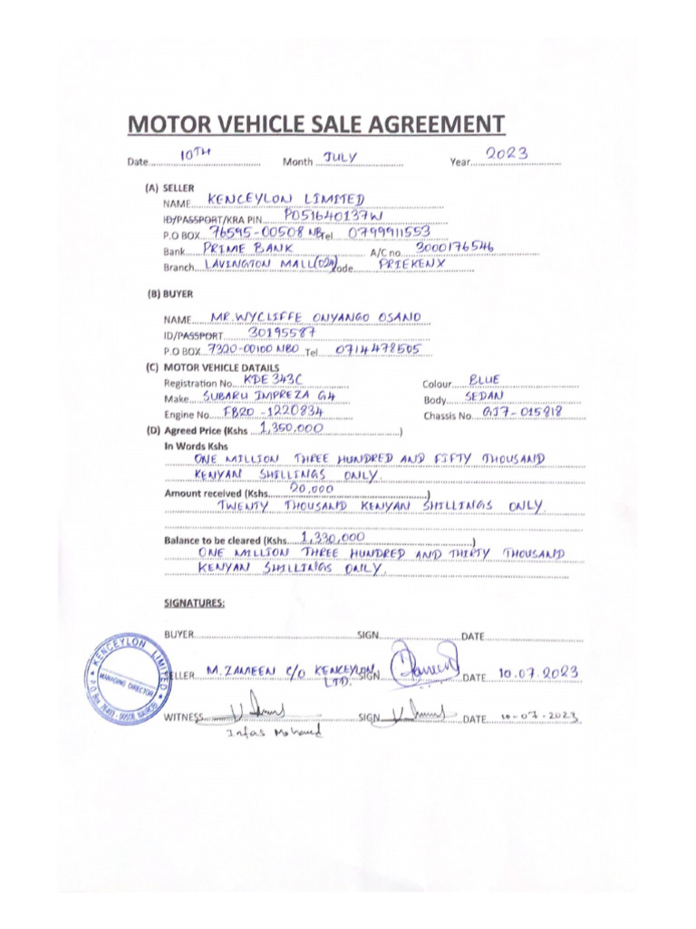 Motor Vehicle Sale Agreement | PDF