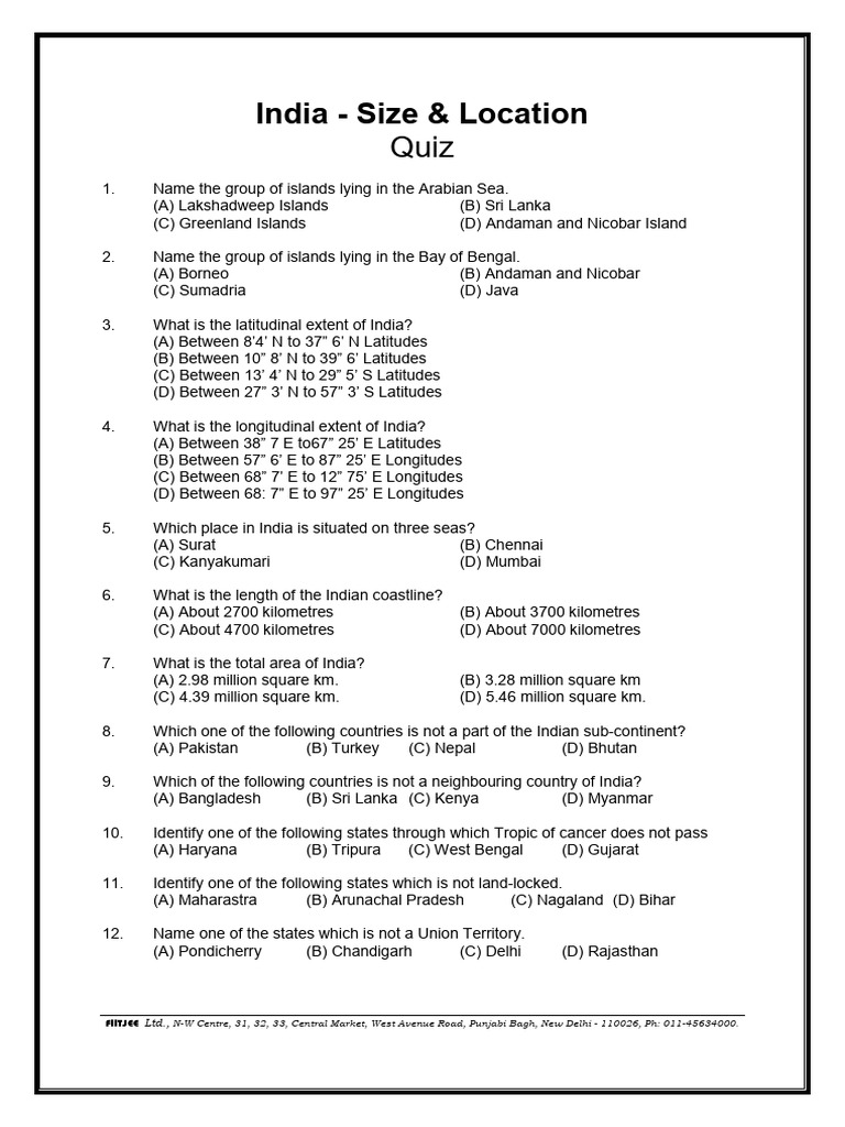 India Size & Location - QUIZ | PDF | Cartography | Geography