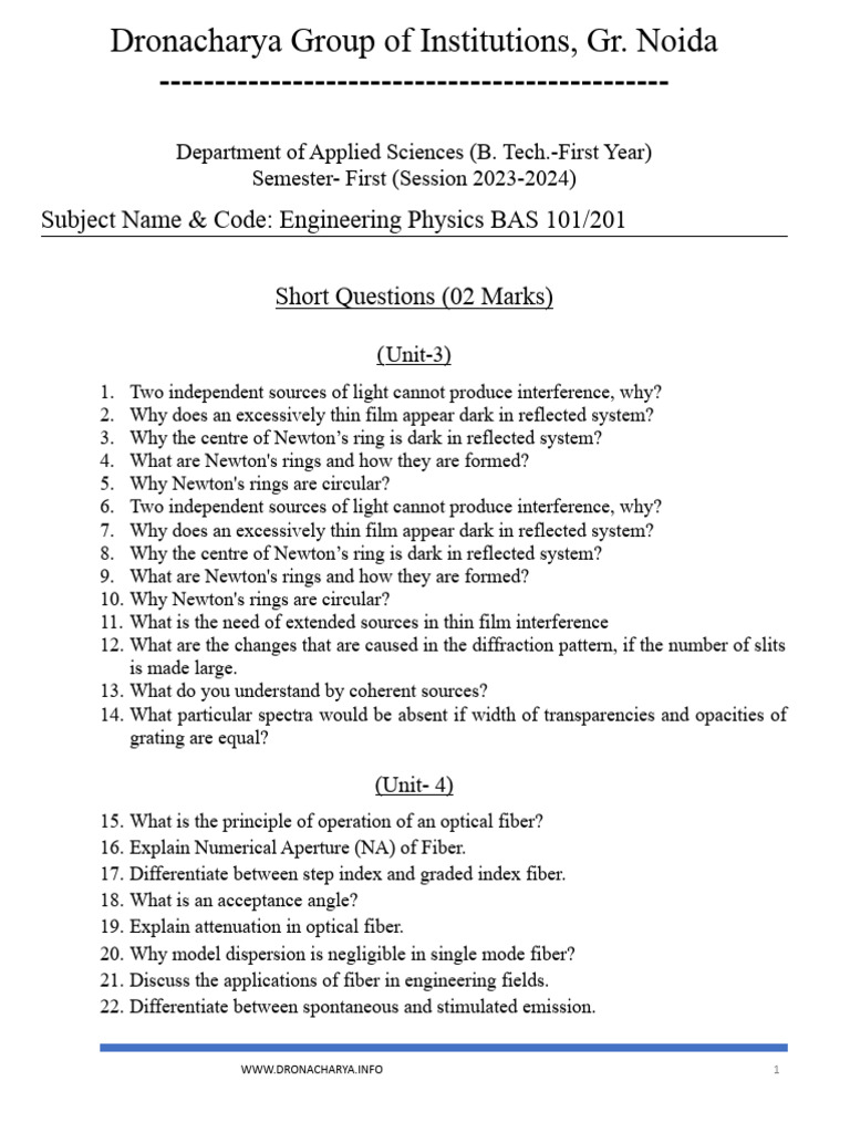 Engineering Physics Questions for B.Tech 1st Year | PDF | Optical Fiber ...
