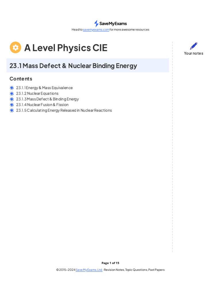 23.1 Mass Defect & Nuclear Binding Energy | PDF | Nuclear Physics | Atomic Nucleus