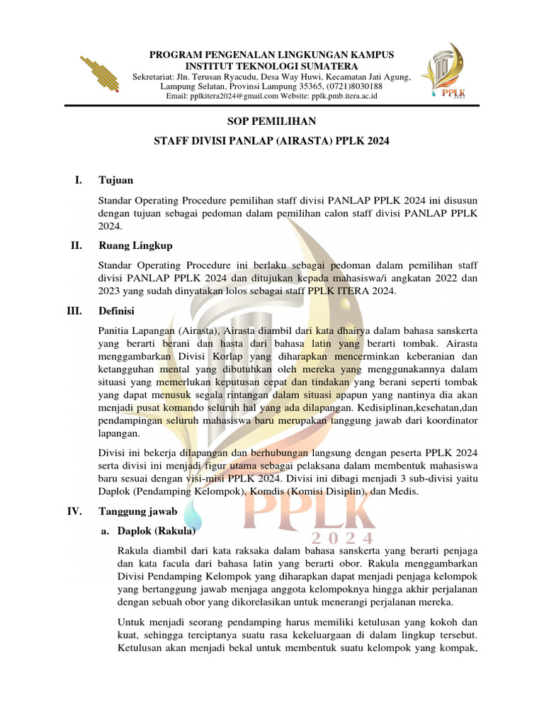 Sop Pemilihan Panlap PPLK Itera 2024 | PDF