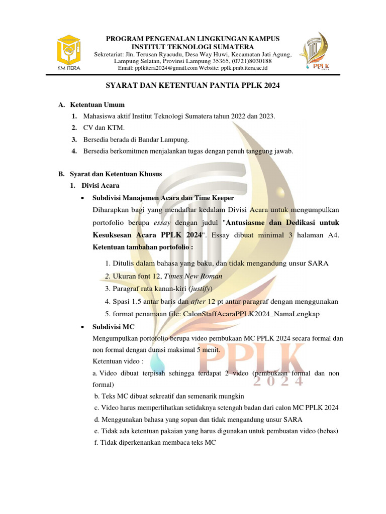 Syarat Pendaftaran PPLK 2024 ITERA | PDF
