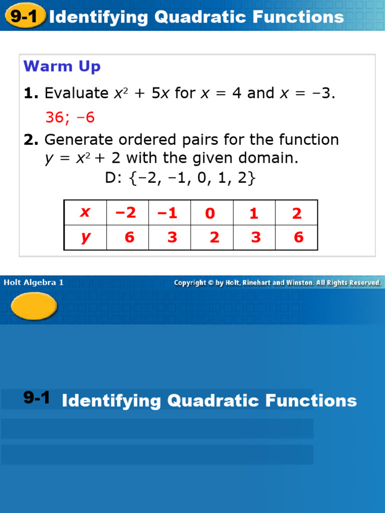 Identifying Quadratic Functions Using Table of Values, Graphs and ...
