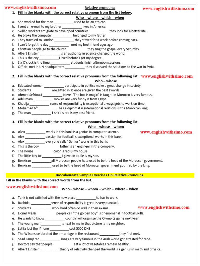 Relative Pronouns Exercises by English With Simo | PDF