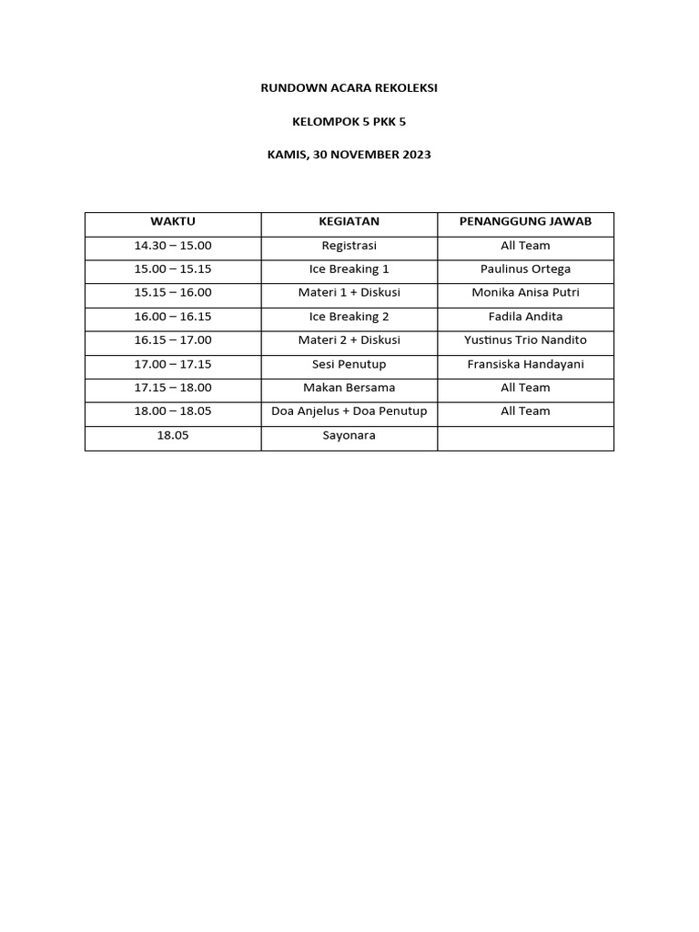 Rundown Acara Rekoleksi | PDF