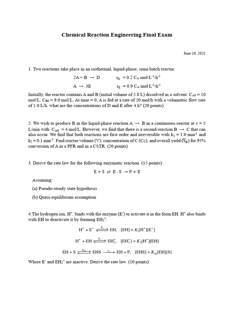 Chemical Reaction Engineering Exam Questions | PDF | Adsorption | Chemistry
