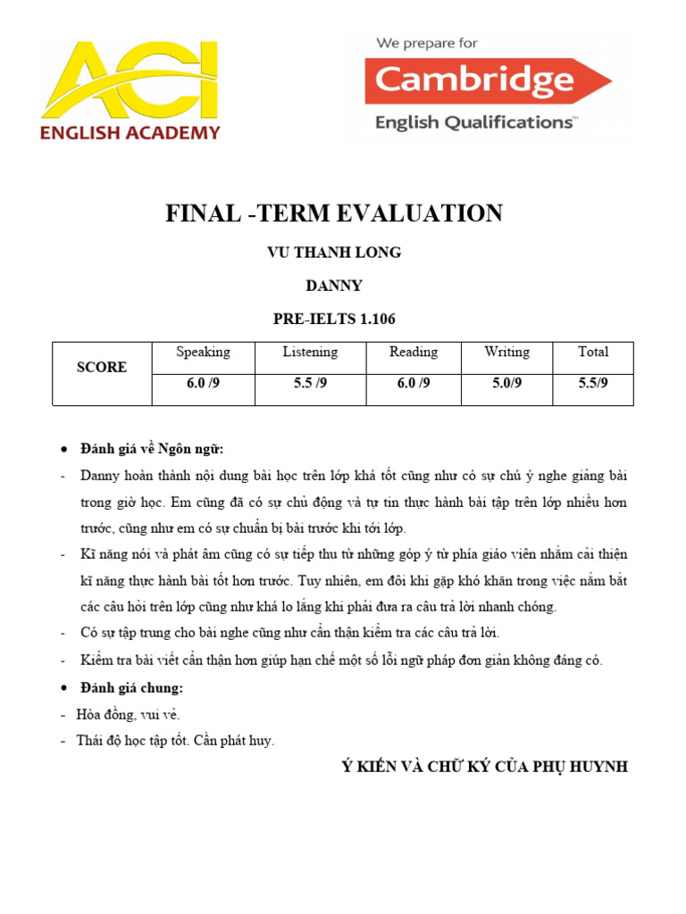 Final Evaluation - Pre Ielts 1.106 | PDF