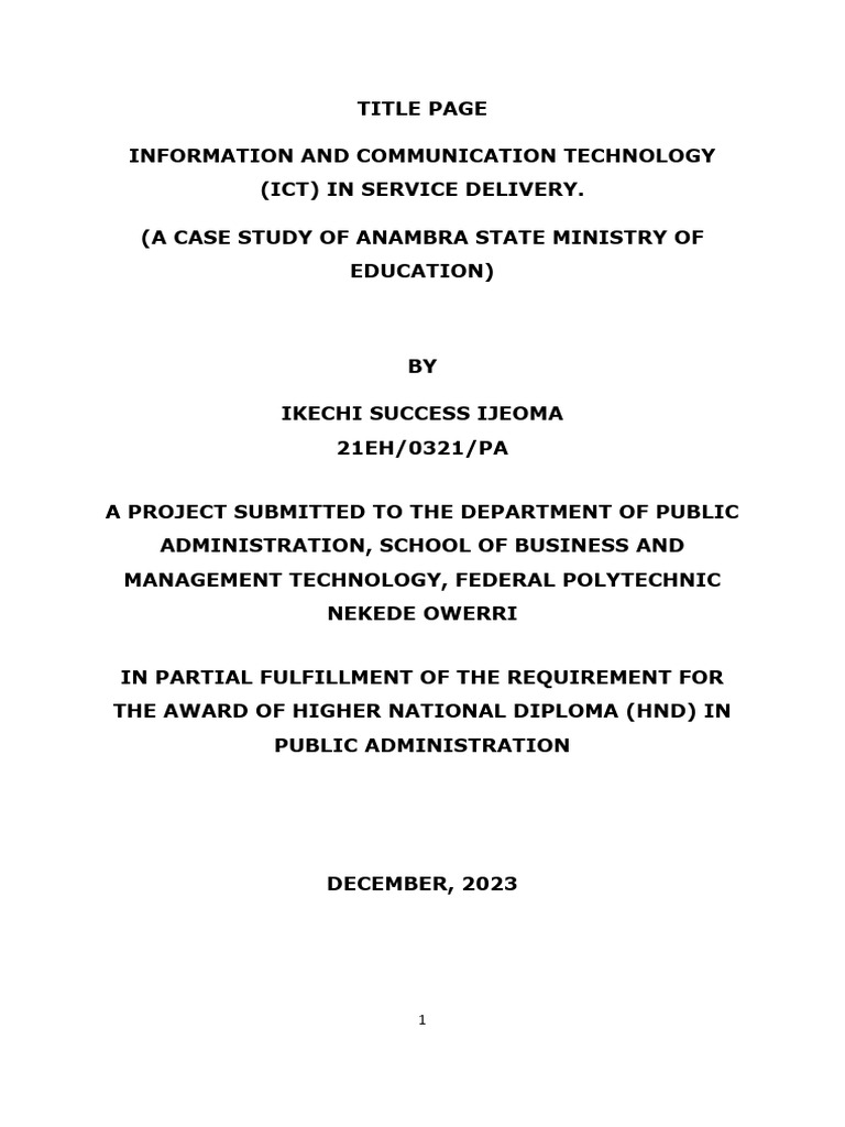 (HND) Information and Communication Technology (Ict) in Service Delivery. (A Case Study of ...