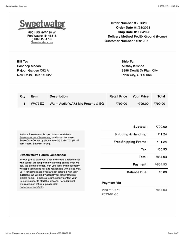 Sweetwater Invoice | PDF