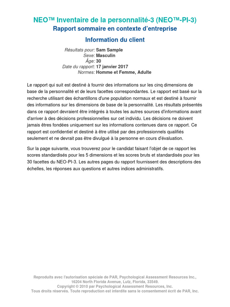 NEO PI 3 BRB French Sample Report | PDF | Introversion et extraversion ...