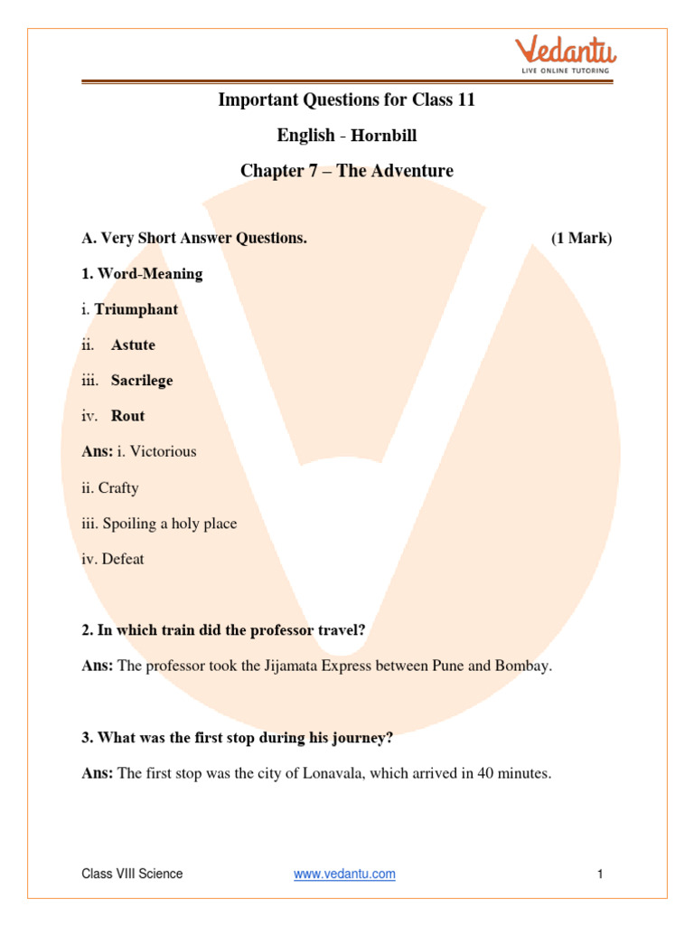 Important Questions for CBSE Class 11 English Hornbill Chapter 7 - The ...