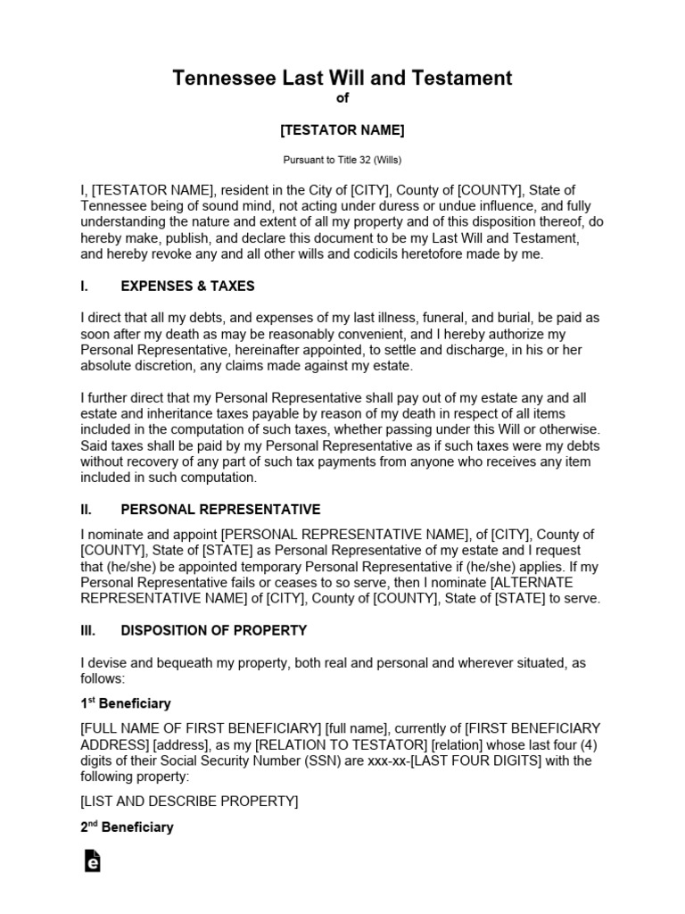 Tennessee Last Will and Testament Template | PDF | Will And Testament ...