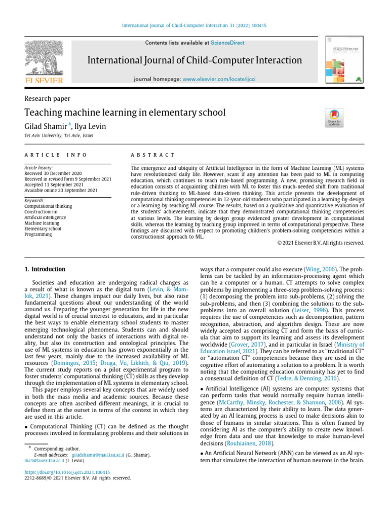 Teaching Machine Learning In Elementary 1 Pdf Machine Learning Artificial Intelligence