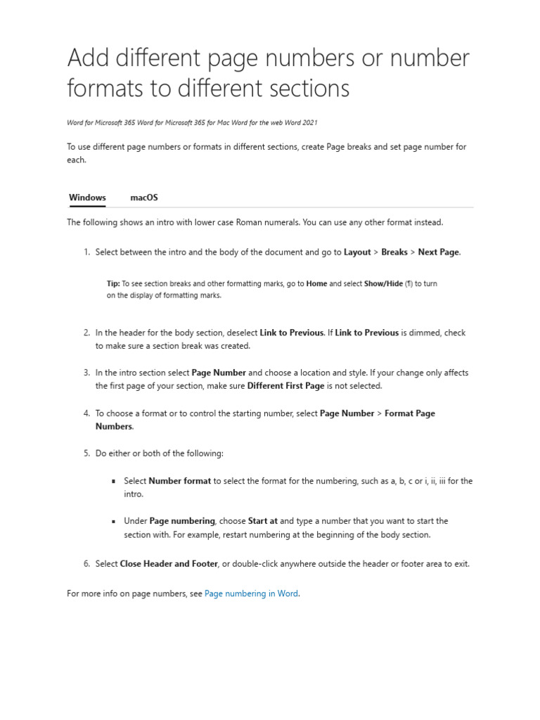 Add Different Page Numbers or Number Formats To Different Sections ...