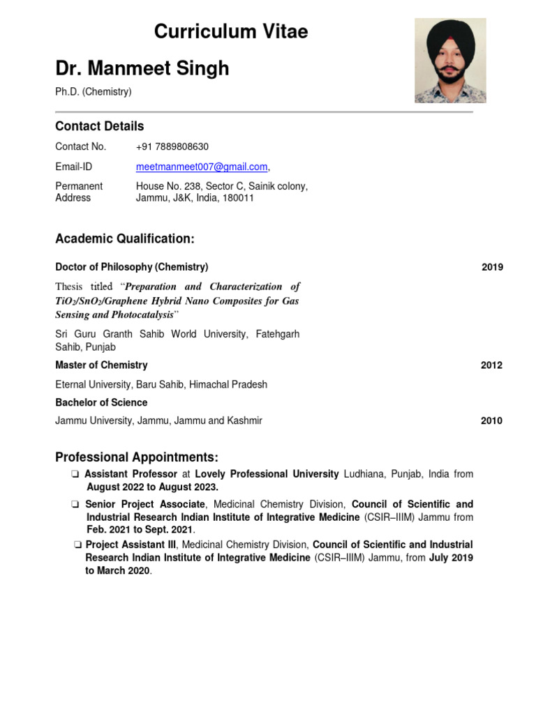 CV Dr. Manmeet Singh OCT 2023 | Download Free PDF | Punjab | Physical Sciences