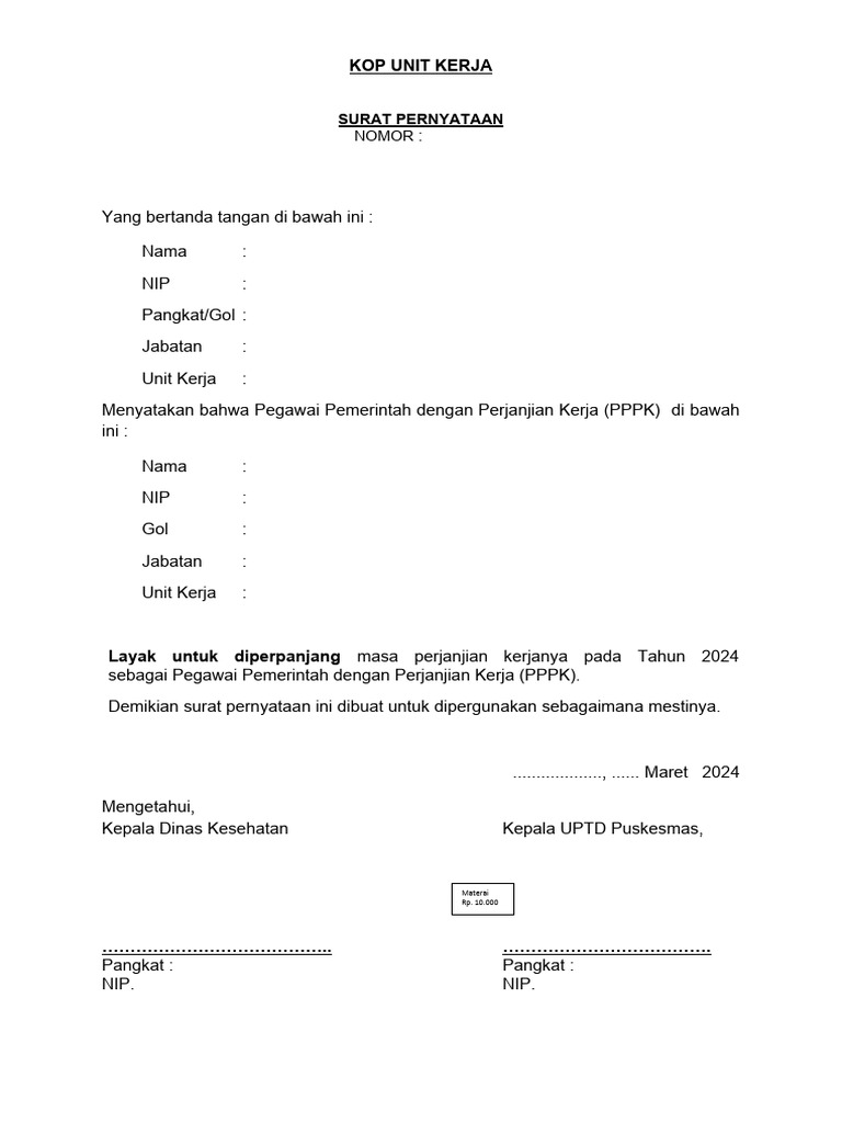 Surat Pernyataan Kelayakan Perpanjangan PPPK Nakes | PDF