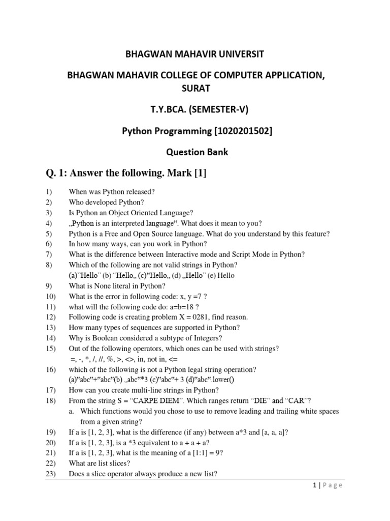 BCA Python Programming Question Bank | PDF | Python (Programming ...