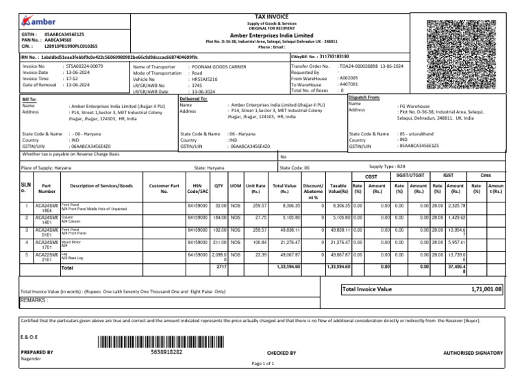 Tax Invoice for Amber Enterprises | PDF | Taxes | Government Finances