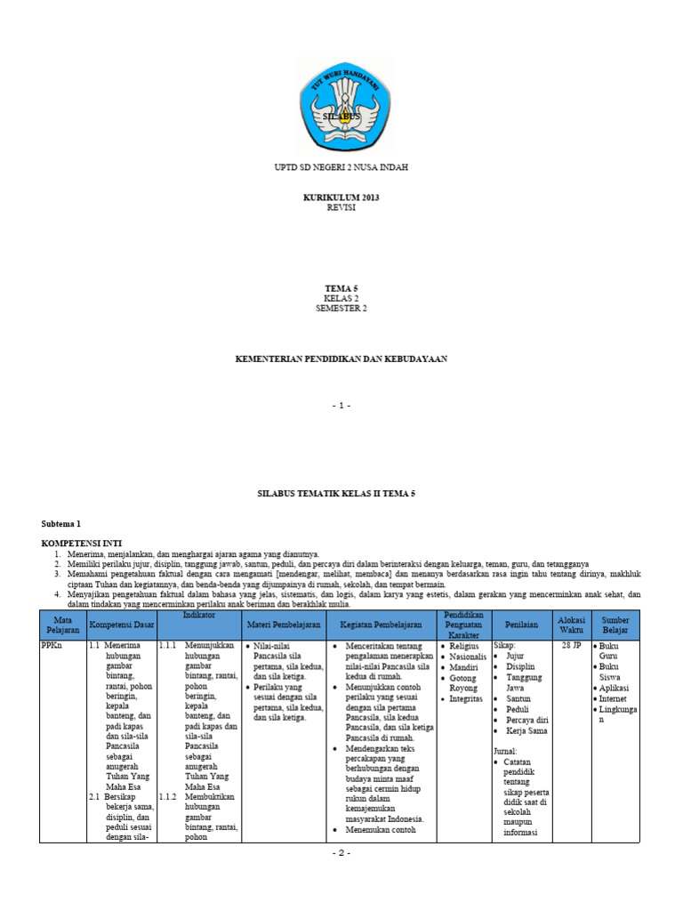 Silabus Kelas 2 Tema 5 Kurikulum 2013 | PDF