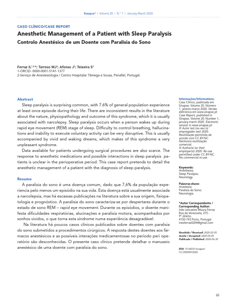 E59 s53 Anesthetic Management of A Patient With Sleep Paralysis File | Download Free PDF ...