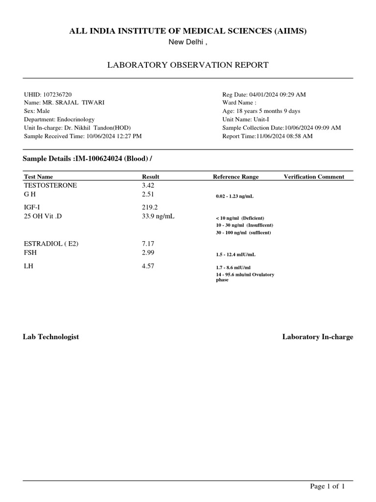 AIIMS Endocrinology Lab Report | PDF