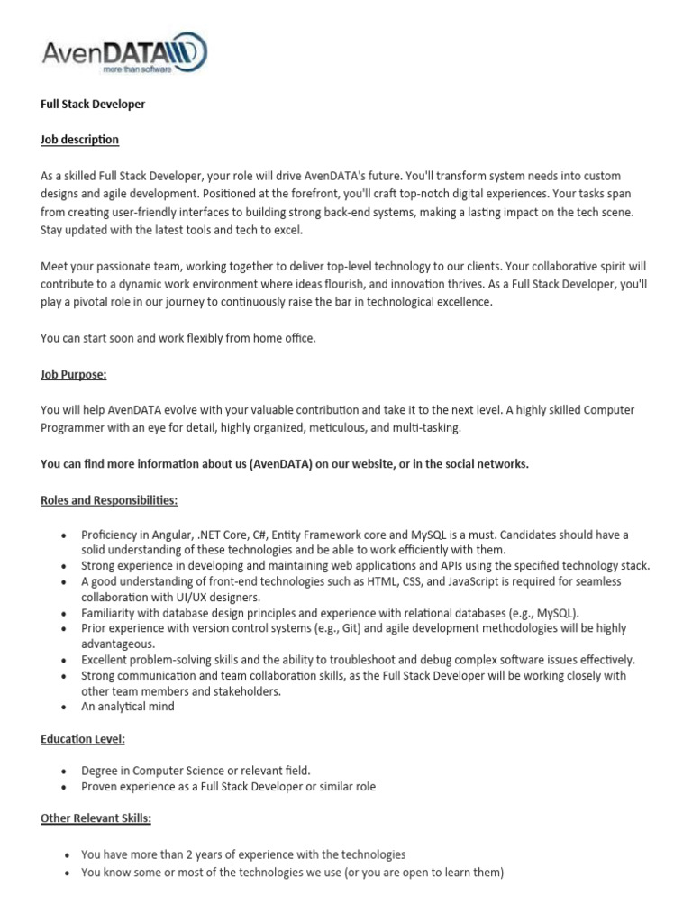 Full Stack developer JD | Download Free PDF | Agile Software Development | Databases