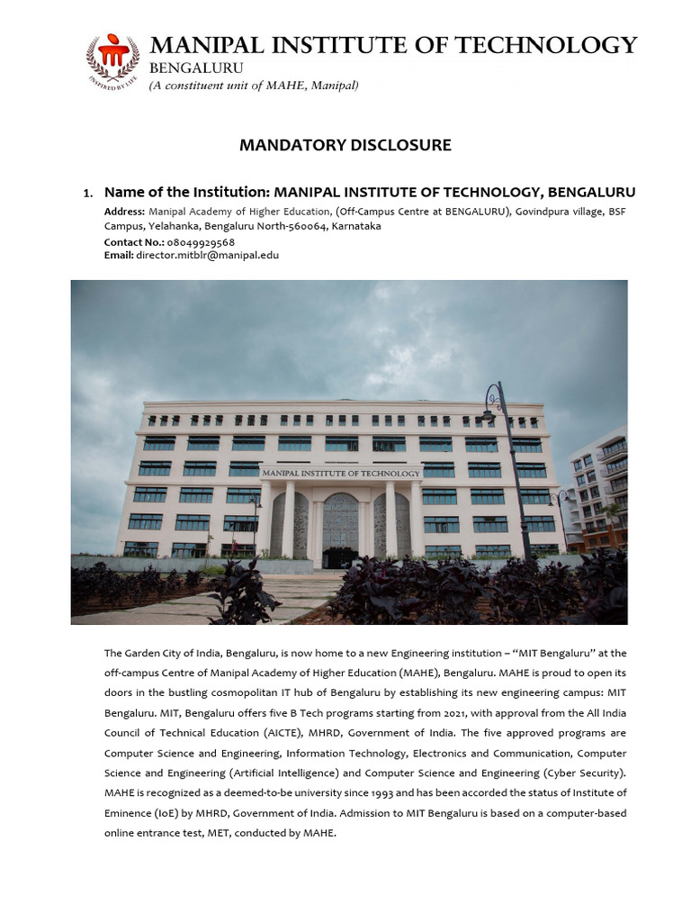 MIT BLR Mandate Disclosure-AICTE 24 | PDF | University And College ...