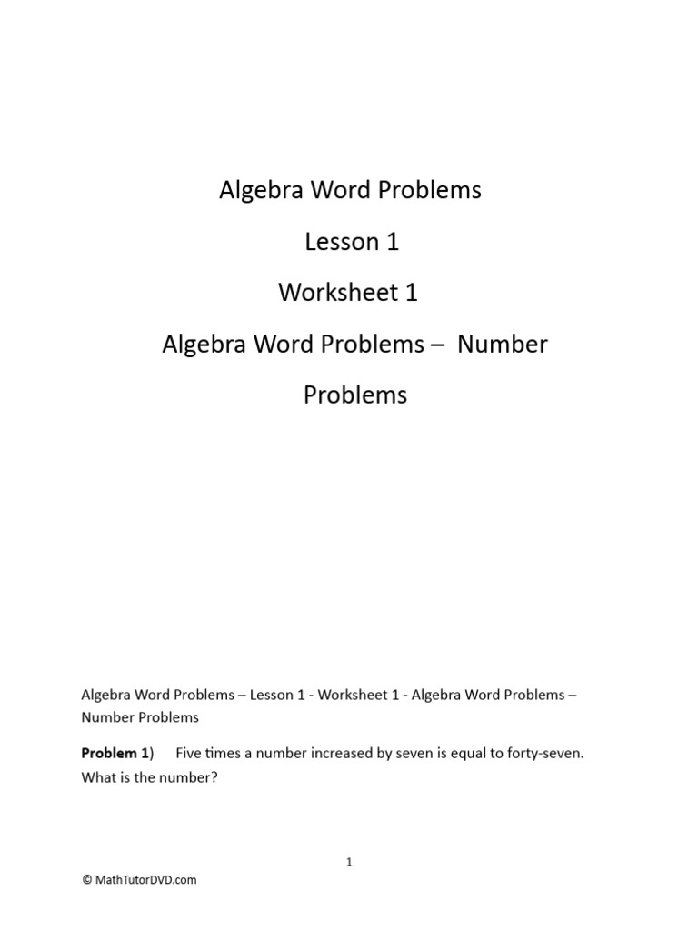 Algebra Word Problems - Worksheet 1 - Number Problems | PDF | Equations ...