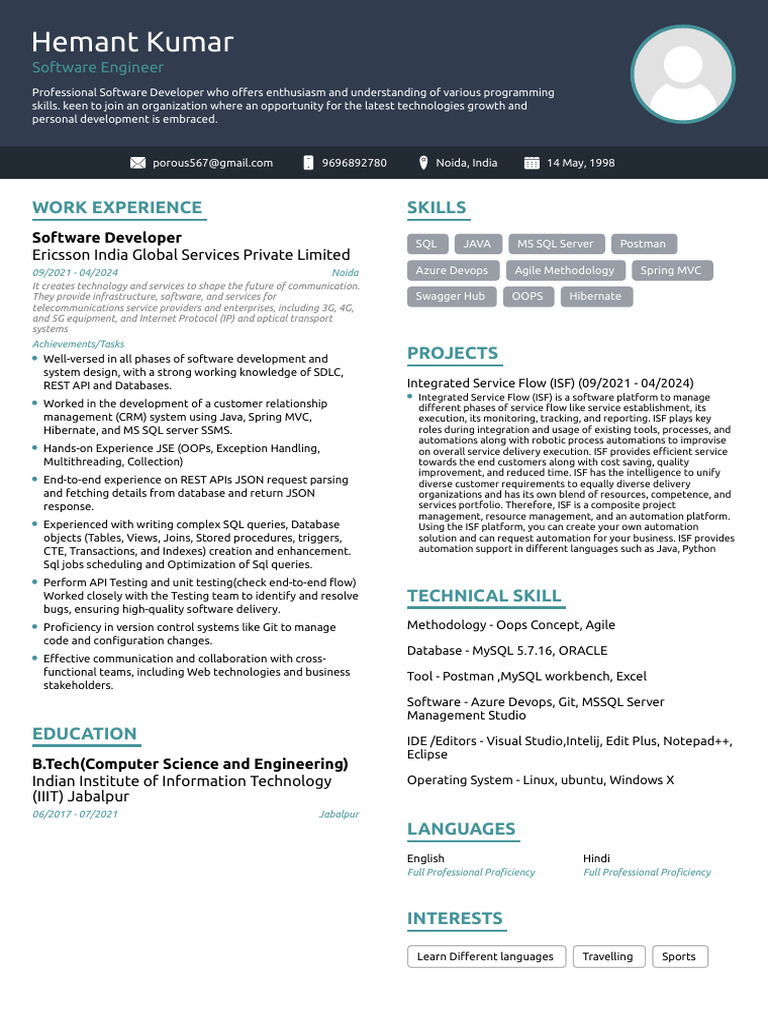 Hemant's Resume | PDF | My Sql | Computer Engineering
