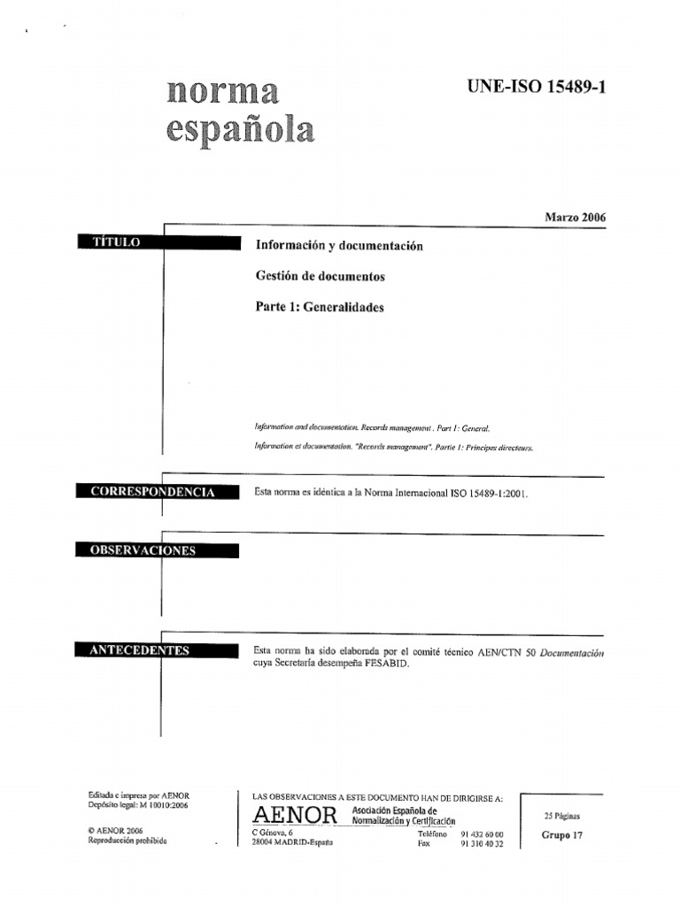 UNE-ISO-15489-1 Gestión de Documentos - Generalidades | PDF