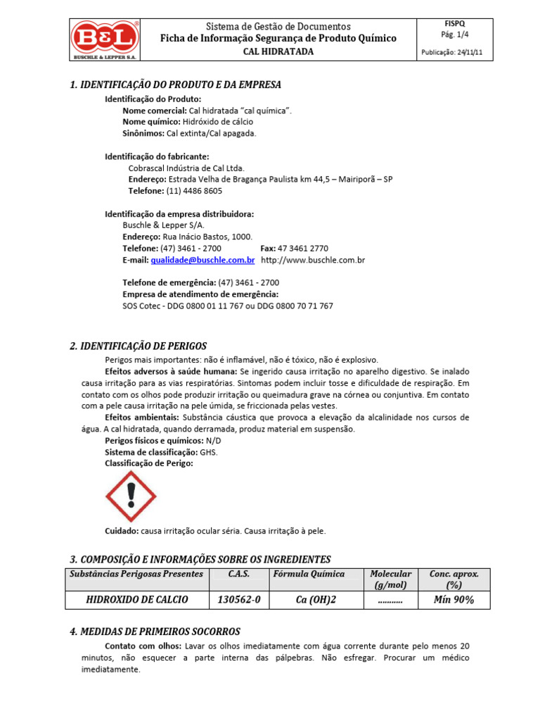 FISPQ Cal Hidratada | PDF | Desperdício | Embalagem e rotulagem