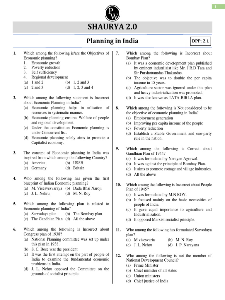 Planning in India - DPP 2.1 - Shaurya 2.0 | PDF | Jawaharlal Nehru | Economic Planning