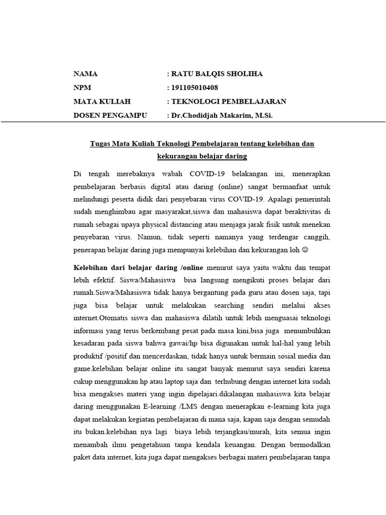 Ratu Balqis Sholiha Tugas (TP) Kelebihan Kekurangan Belajar Online | PDF | Ilmu Sosial